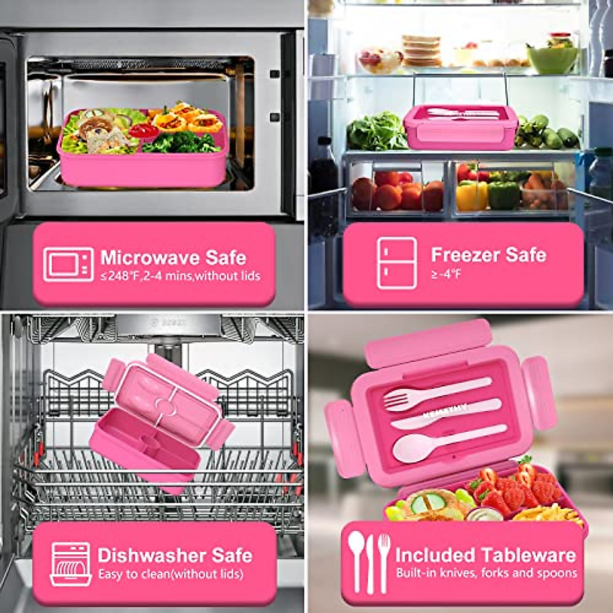 KEMETHY Bento Lunch Box for Kids, 4 Compartment Lunch Box Kids, Leak Proof Lunchbox with Tableware for Kids Lunch boxes for School, Microwave/Dishwasher/Freezer Safe, BPA-Free and Reusable, Pink
