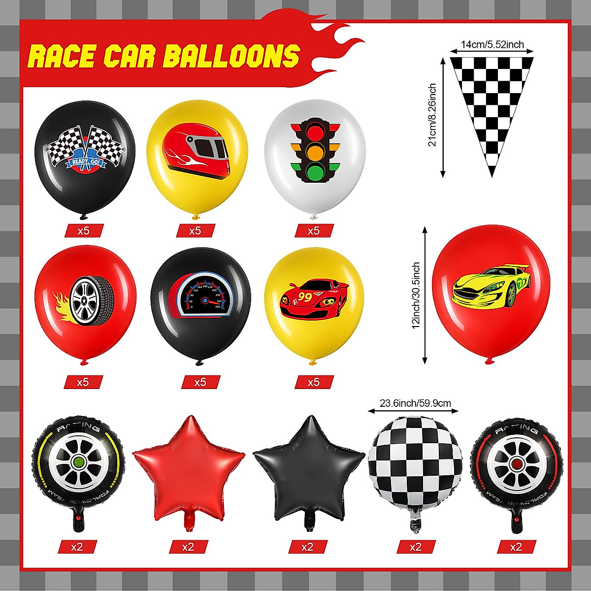 Glimin 54 PCS Race Car Balloons Race Car Party Decorations Race Car Birthday Supplies Red Black Yellow Wheel Tire Balloon with Checkered Balloons Banner for Two Fast Birthday Party Decorations