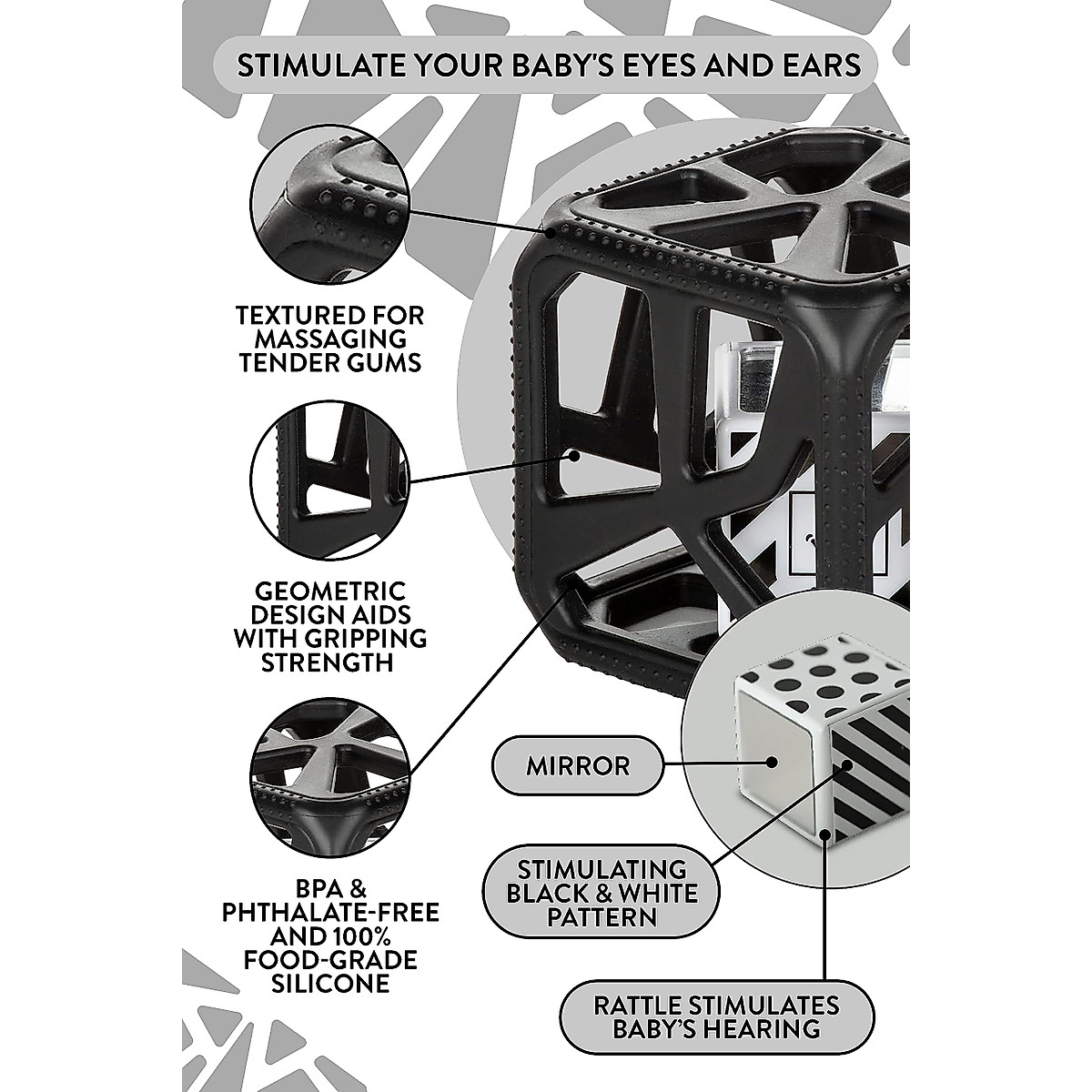 Malarkey Kids Silicone Teething Toys Chew Cube Baby Toy Activity Cube for New Born Babies Toys Rattle Teether Four Way Sensory Stimulation (Easy Grip, BPA Free Non Toxic, Black, Pack of 1)