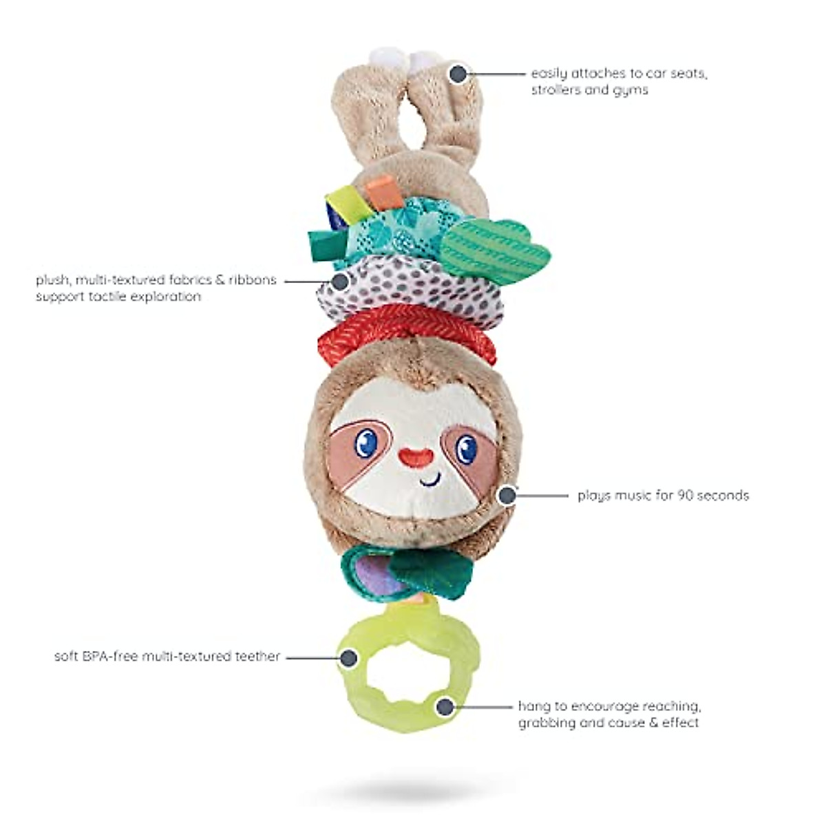 Infantino Music & Motion Pulldown Sloth - Musical Plush Sloth with Multi-Textured teether for Tactile Exploration, Easily attaches to Strollers and Gyms, BPA-Free