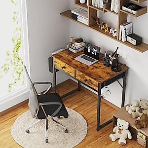 Lufeiya Small Computer Desk with 2 Drawers for Bedroom, 31 Inch Home Office Desk with Storage Fabric Drawer and Bag, Study Writing Table for Small Spaces, Rustic Brown