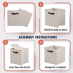 Ornavo Home 13 x 13 Storage Cube Bins, Foldable Collapsible Fabric Storage Bins Box Linen Shelf Basket Cube Organizer for Closet with Leather Handles, 6 Pack, Beige