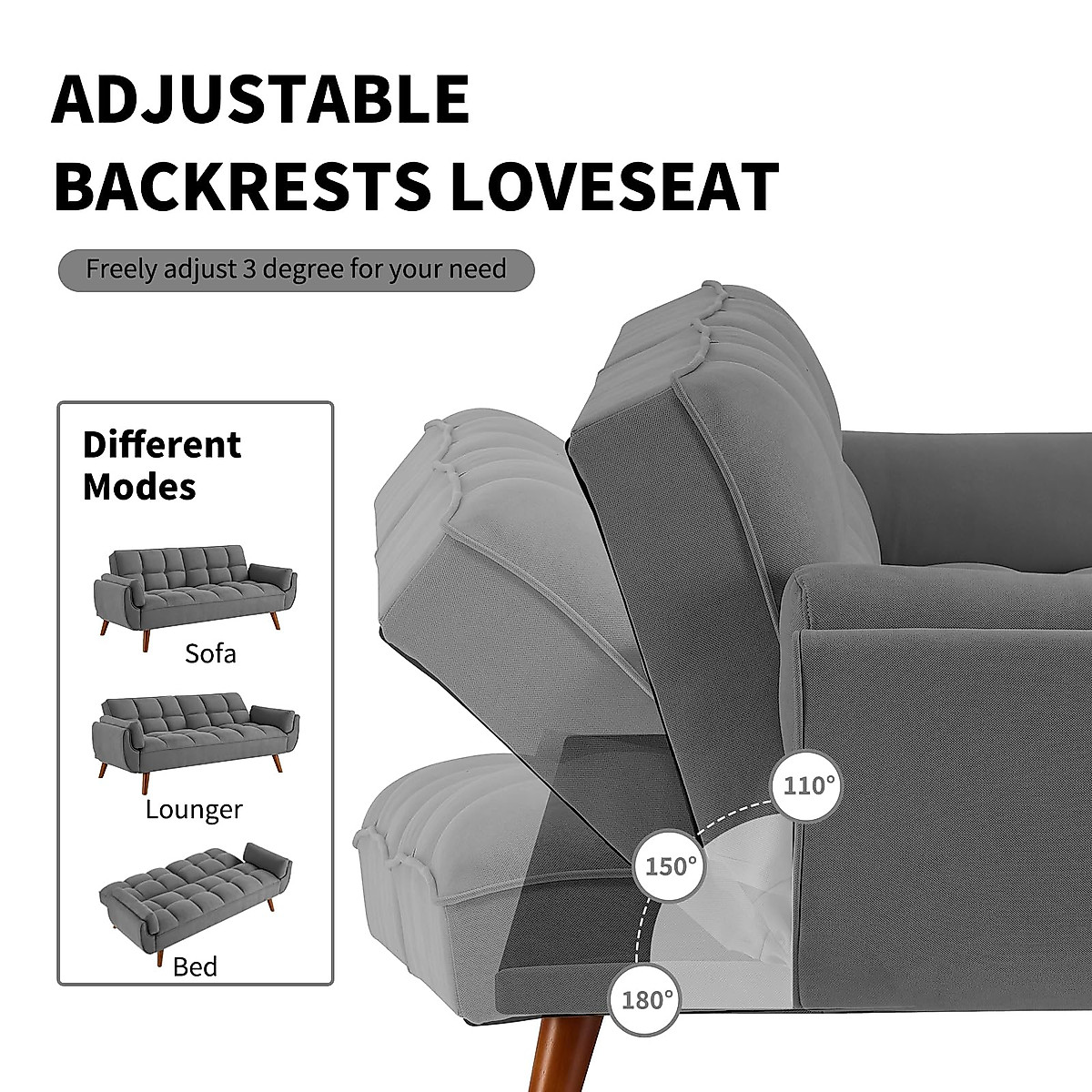 Homies Life Convertible Futon Sofa Bed, Linen Sleeper Couch, 75" W Modern 3 Seater Tufted Sofa with Solid Wood Legs and Adjustable Backrests for Small Spaces, Living Room, Bedroom, Dark Gray