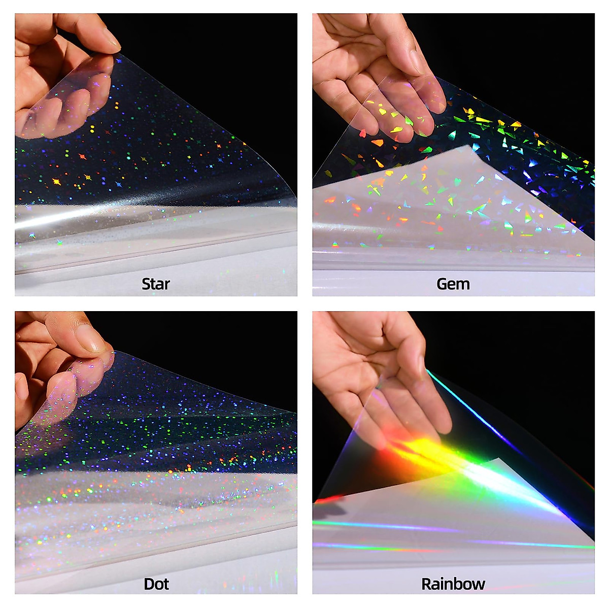 36 Sheets Holographic Sticker Paper, Transparent Holographic Vinyl Laminate Film, Clear Overlay Lamination Sticker Paper Self Adhesive Waterproof - Gem, Dot, Colorful, Star Patterns/8.5x11 inch