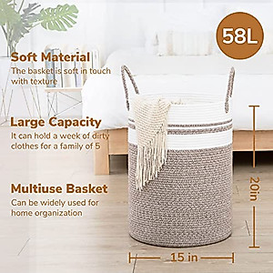 CHICVITA Baby Nursery Laundry Hamper, Tall Woven Rope Laundry Basket with Handle for Clothes, Towels, Toys, Blankets, Jute Basket Decor for Living Room, 15 x 20 inches, 58L White & Brown