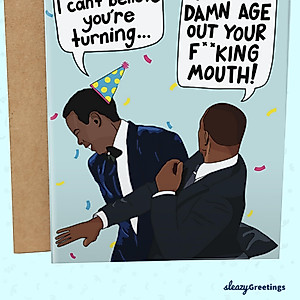 Sleazy Greetings Funny Birthday Card Meme For Him Her Men Women | Keep My Age Out Your Mouth Slap | Will Smith Slaps Chris Rock Happy Birthday Card