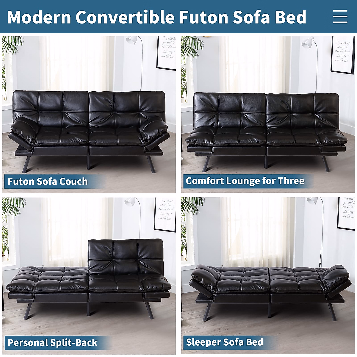 Opoiar Futon,Convertible Sofa Bed,Modern Futon Sofa Bed,Folding Loveseat Sofa,Sleeper Sofa,Futon Couch Bed,Adjustable Armrest&Backrest,Futon Sets for Compact Living Spaces,Apartment,Dorm,Office,Black