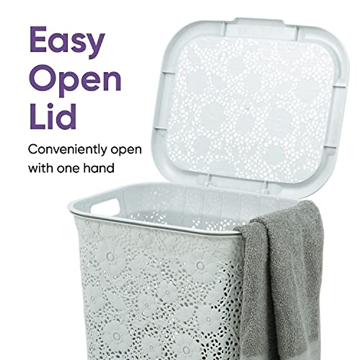 Laundry Hamper Basket With Lid, Plastic Hamper White Smoke Tall Cloths Hamper Basket Organizer with Cut-out Handles- Space Saving for Laundry Room, Bedroom, Bathroom-Lace Design, 50 Liter