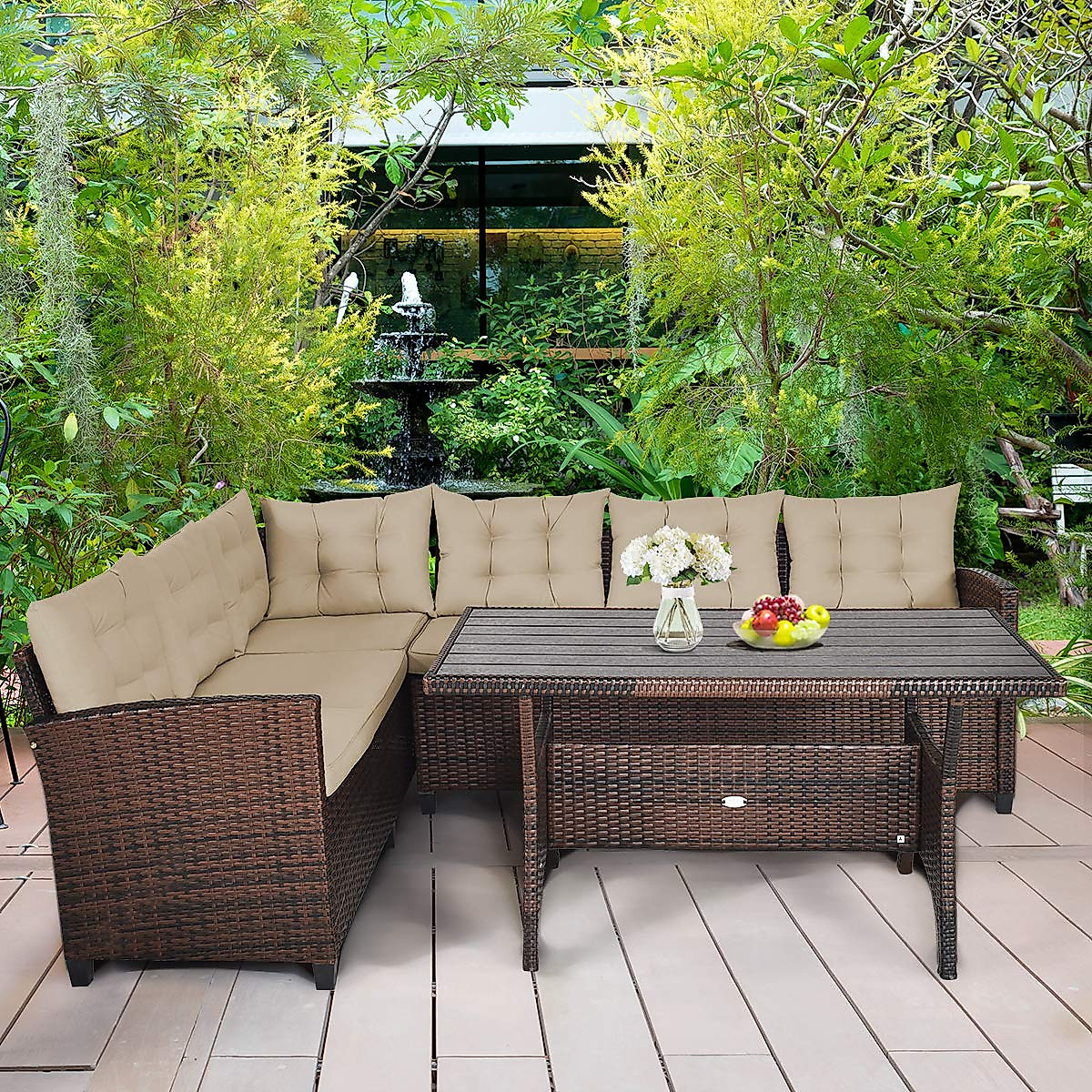 Tangkula Patio Furniture Set, 3 Pieces Outdoor Conversation Set with 6 Cushioned Seat & Coffee Table, Rattan Couch Set for Balcony, Garden, Lawn, Poolside and Backyard (Brown)