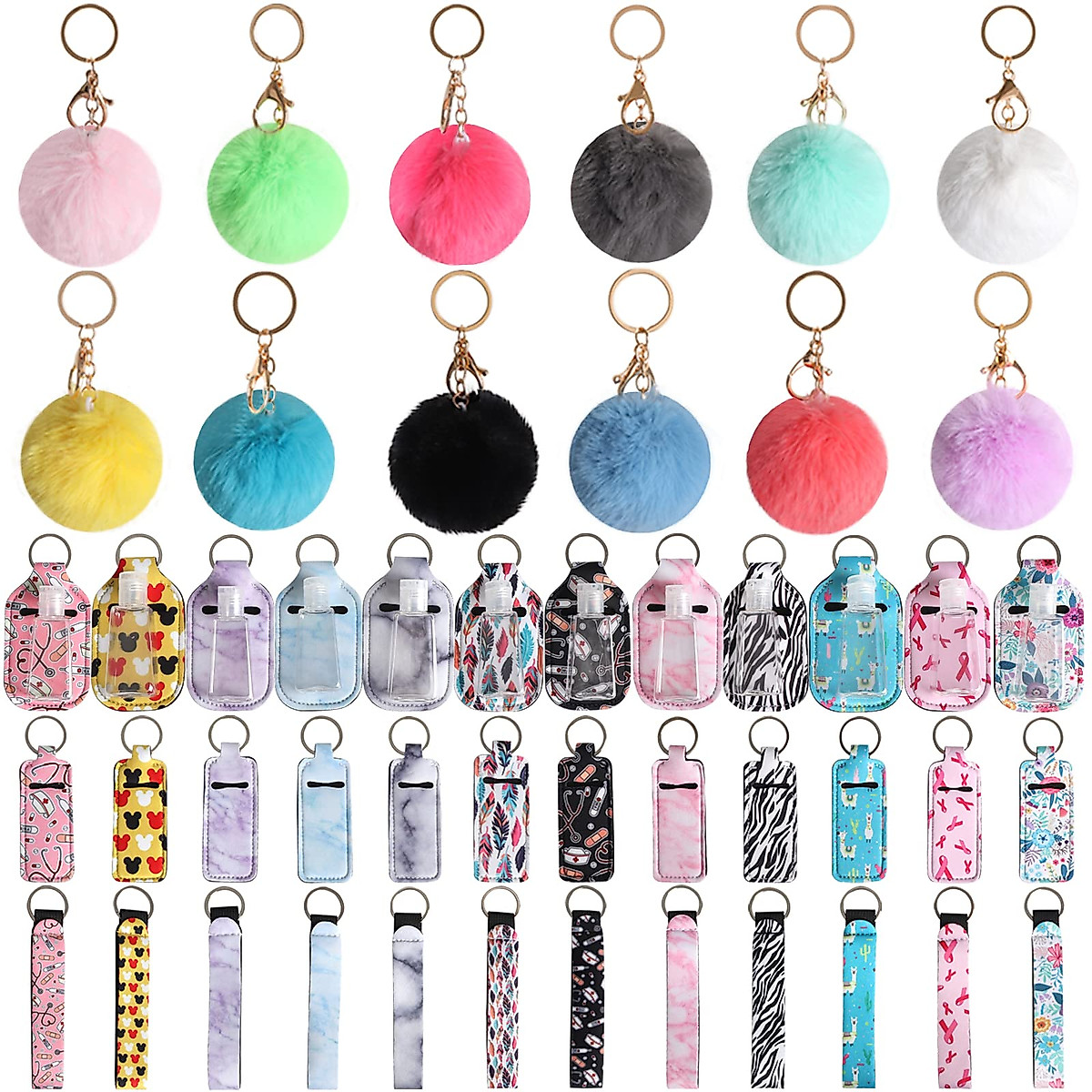 Manste 60Pcs Chapstick Holder Keychain Bulk,Travel Bottles with Keychain、Lipstick Holder Keychain、Fluffy Ball Keychain、Keychain Wristlet Lanyards、Colorful Pom Poms Keychains、Pompoms Keyring