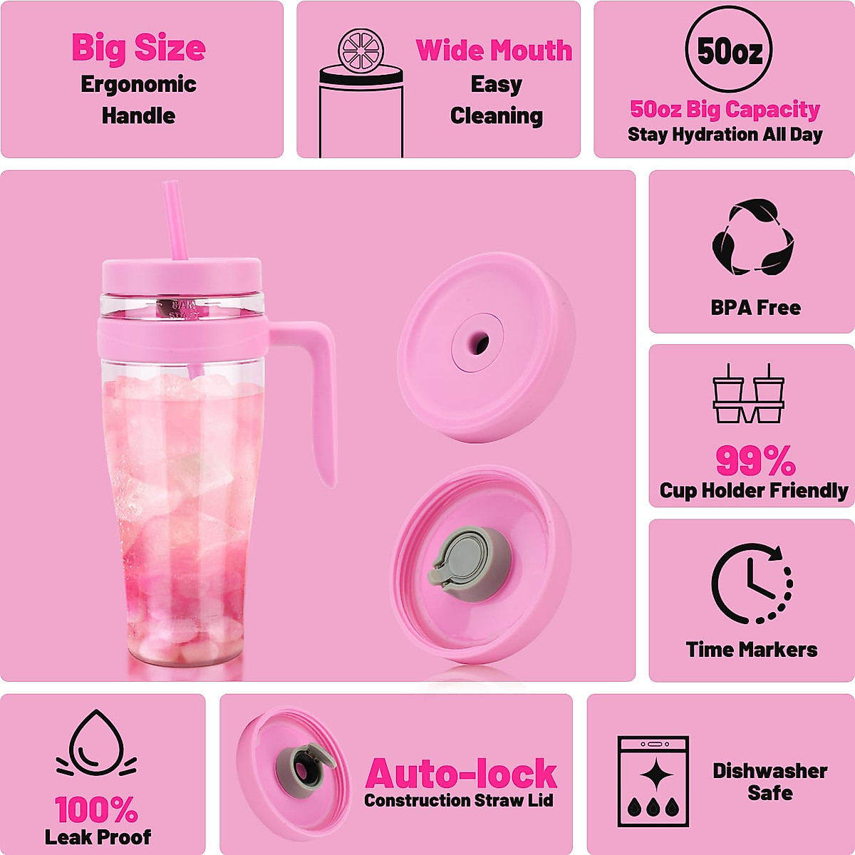 Hydraful 50 oz Tritan Plastic Tumbler with Lid and Straw and Handle - 100% Leak-Proof - Perfect for Iced Coffee, Smoothies, and Juice - Wide Mouth Reusable Water Bottle with Time Marker