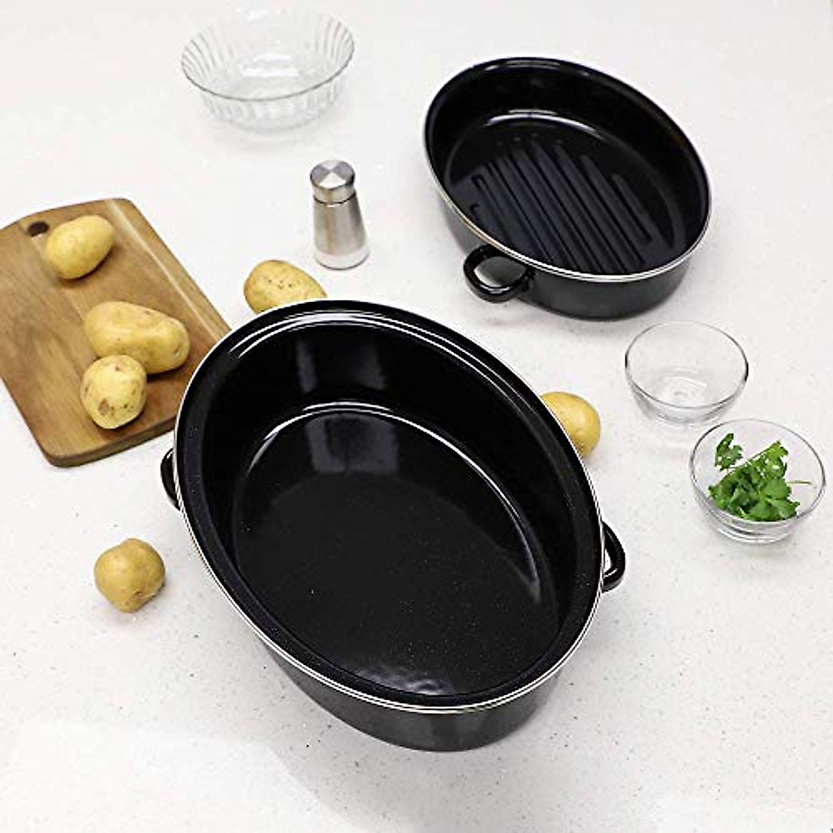 14" Enameled Roasting Pan With Lid, By Home Basics (Black) | Turkey Roasting Pan | Carbon Steel Large Turkey Roasting Pan | For Turkey, Stew, and Pot Roast