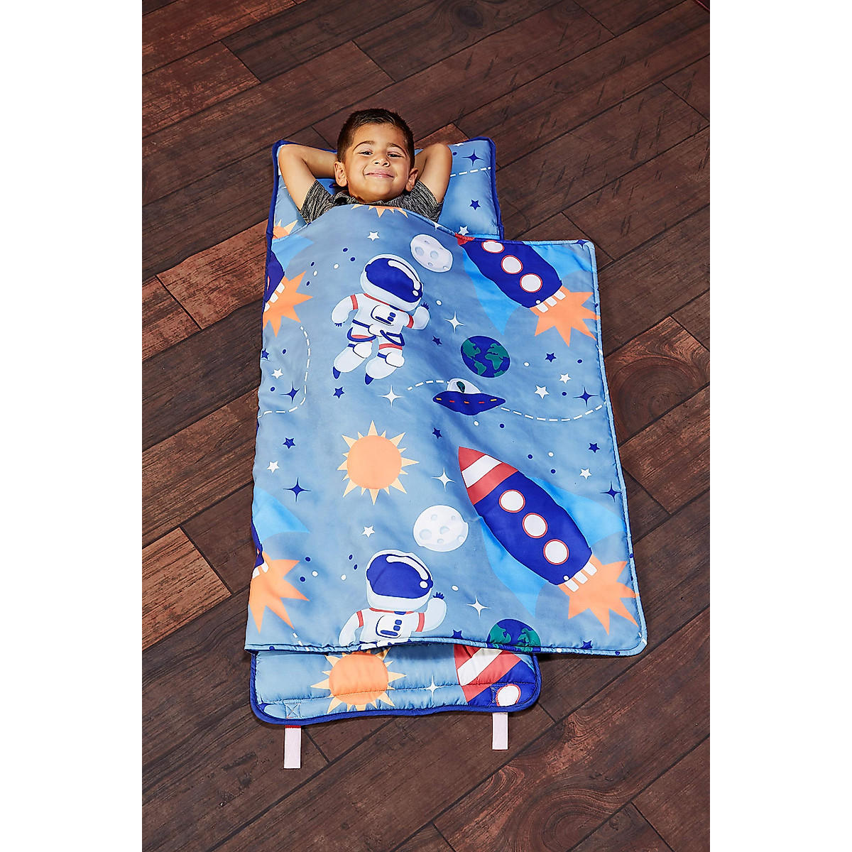 EVERYDAY KIDS Nap Mat w/Removable Pillow -Outer Space Adventures- Carry Handle with Straps Closure, Rollup Design, Soft Microfiber for Preschool, Daycare, Travel Sleeping Bag - Ages 3-6 Years