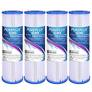 PUREPLUS 5 Micron 10"x2.5" Whole House Pleated Sediment Filter for Well Water, Replacement Cartridge for Universal 10 inch RO System, W50PE, WFPFC3002, SPC-25-1050, FM-50-975, 801-50, WB-50W, 4Pack