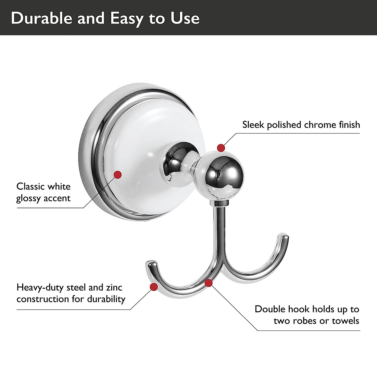 Design House 559260 Savannah Towel and Robe Hook, Polished Chrome and White