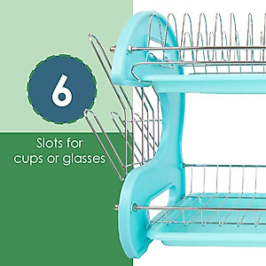 Home Basics 2 Tier Dish Drainer (Turquoise) Dish Rack for Kitchen Counter, with Cutlery Holder and Cup Slots