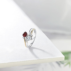 925 Sterling Silver and 10K Yellow Gold Red Garnet and Forever Classic Moissanite from Charles & Colvard 2 Heart Promise Engagement Mother Ring (1.12 Cttw, Available In Size 5, 6, 7, 8, 9)