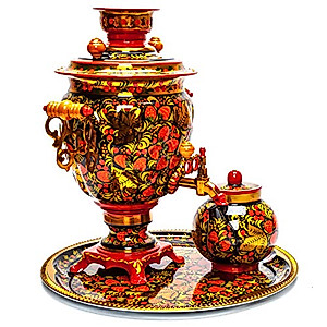Red Khokhloma Electric Samovar Kettle with Teapot and Tray