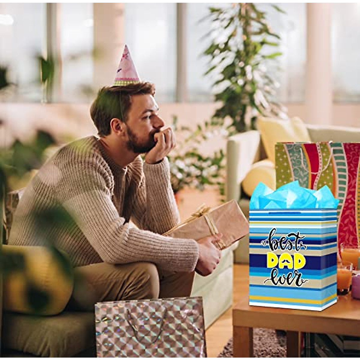 FaCraft Father's Day Gift Bag with Tissue Paper,13" Happy Fathers Day Wrapping Bag with Handle,Large Paper Gift Bag for Dad Father Men Grandpa Best Dad Ever Bags for Birthday Father's Day Party Favor