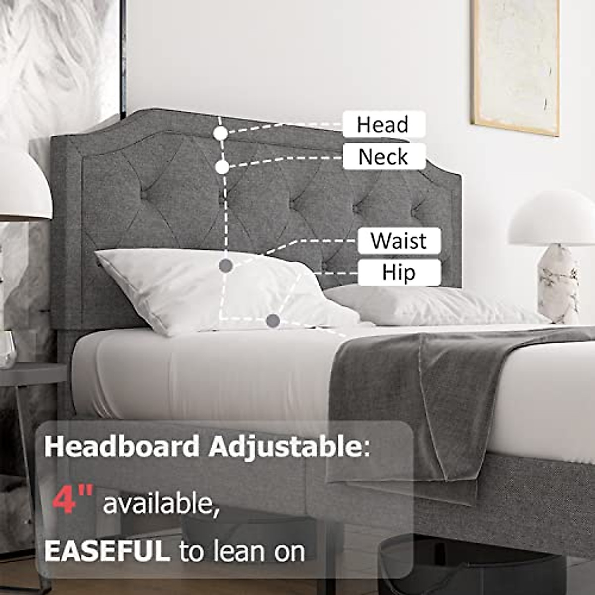 Einfach Full Size Bed Frame, Upholstered Platform Bed with Sturdy Wood Slat Support, No Box Spring Needed, Easy Assembly, Light Grey