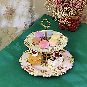 PULCHRITUDIE Pink Azalea Porcelain Two-Tier Cake Stand Cake Plate, 9.5"