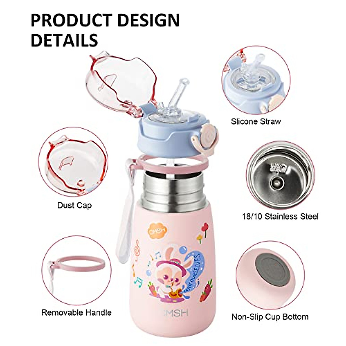 TKK Kids Insulated Water Bottle 16 oz Double Wall Vacuum Stainless Steel Thermos with Leak Proof Straw Lid & Strap Handle & Sticker (Pink)