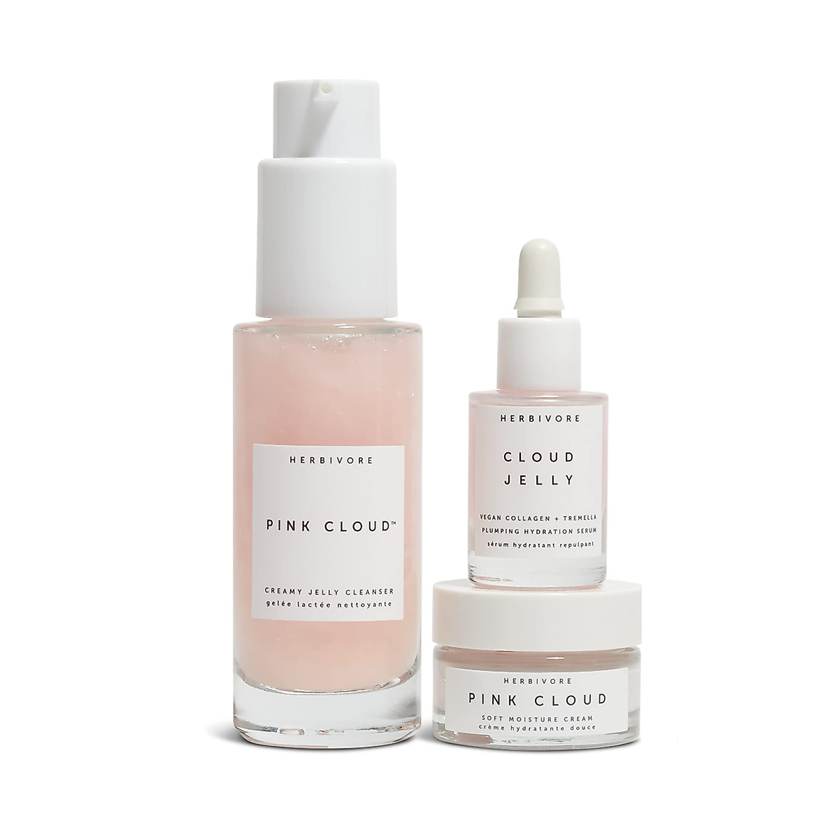 HERBIVORE Skin In The Clouds 3-step Plumping Hydration Set – Pink Cloud Creamy Jelly Cleanse (50mL / 1.7 oz), Cloud Jelly Serum (10mL / 0.33 oz), Pink Cloud Soft Moisture Cream (15mL / 0.5 oz)