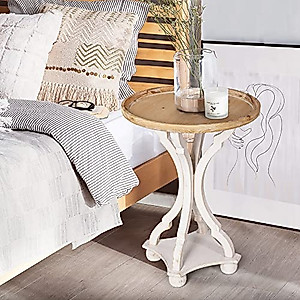 OneSpruce Farmhouse End Tables Living Room, White Accent Table with Wood Pedestal, Round Side Table for Home, Dining or Living Room, Bedroom