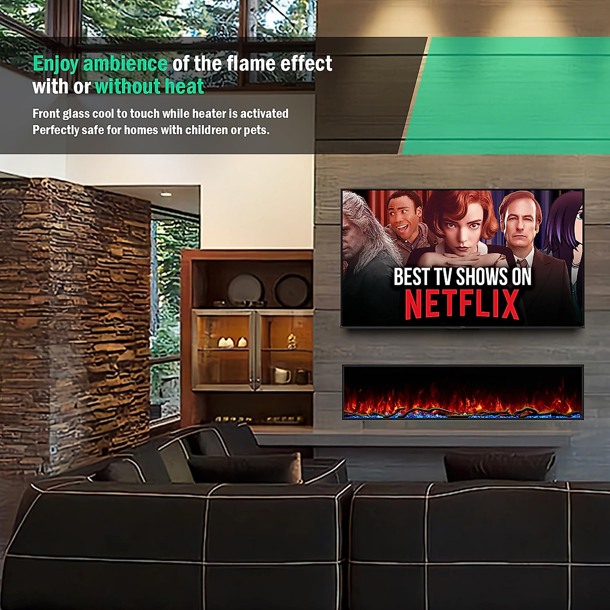 ALEXENT Recessed 80" Electric Fireplace with Wi-Fi/Remote Control Wall Mount, Built in, Low Noise with Timer, Touch Screen, Adjustable Flame Color and Speed, Log Set & Crystal