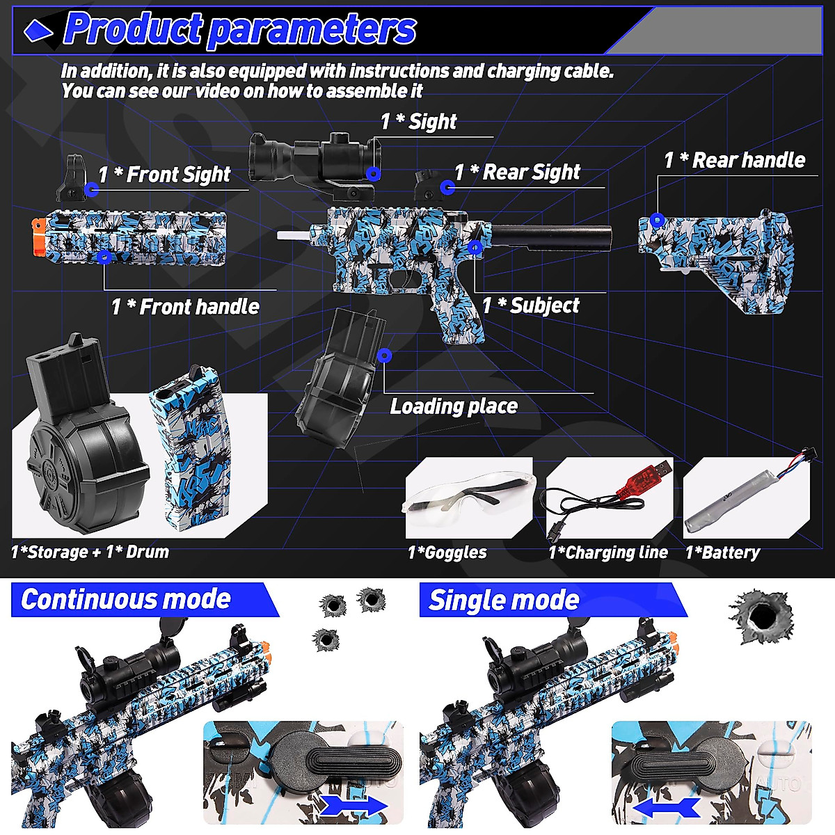Large Electric Splatter Blaster with Drum, Automatic and Semi-Automatic Dual Mode Gel Ball Blaster, for Outdoor Activities -Team Game, Blue