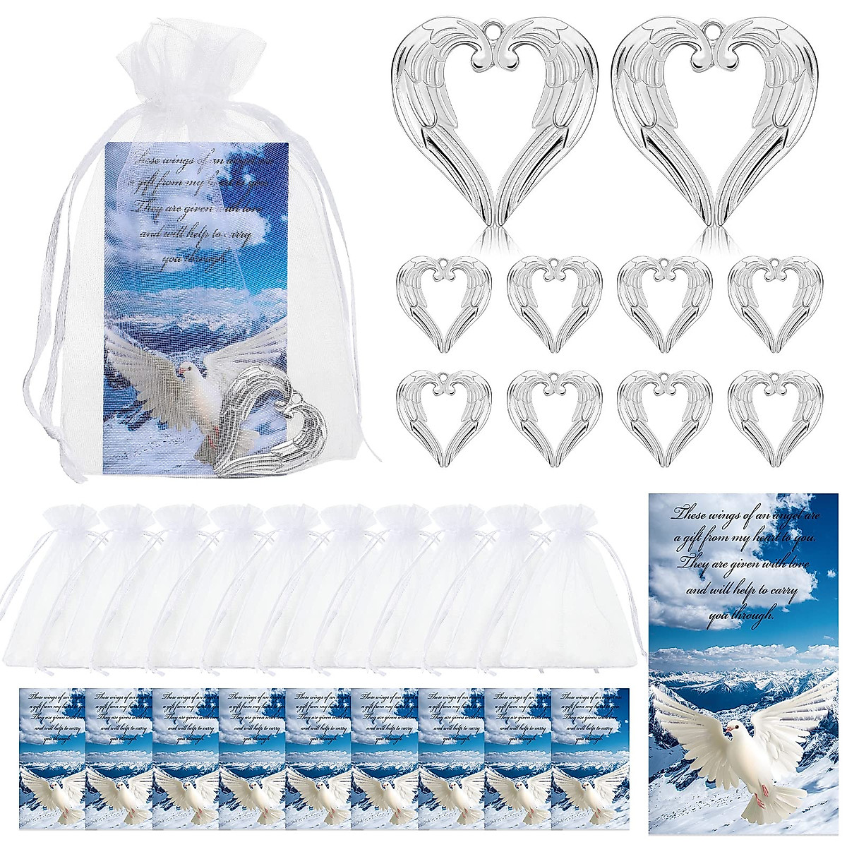 10 Sets Memorial Angel Sign Coins Set Memorial Metal Wing Pocket Token Heart Lucky Angel Charm with Peace Dove Sign Poem Cards White Organza Bags Present for Family Friends