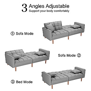 SLEERWAY Modern Futon Sofa Bed, Convertible Sleeper Sofa with Armrests and 2 Pillows, Recliner Couch with 5 Solid Wooden Legs, Twin Size Sofa for Living Room Handpicked Fabric (Light Grey)