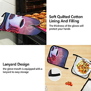 5Pcs Morning Coffee Oven Mitts and Pot Holders, Eiffel Tower Red Rose Long Kitchen Apron and Accessories Set Kitchen Linen Sets Potholders Oven Gloves for Women Men Baking Cooking BBQ