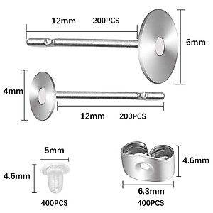 1200 PCS Earring Posts Stainless Steel and Backs with Hypo-allergenic Earring Posts Butterfly and Rubber Bullet Earring Backs for DIY Stud Earring and Jewelry Making