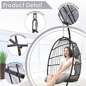 NICESOUL® Indoor Outdoor Patio Wicker Hanging Egg Chair Swing Hammock Egg Chairs UV Resistant Cushions 350lbs Capaticy for Patio Bedroom Balcony (Grey)