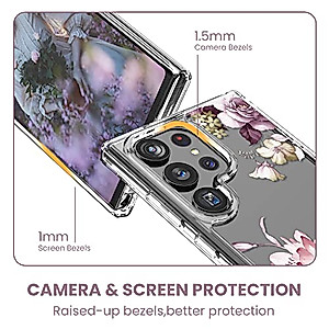 DagoRoo for Samsung Galaxy S23 Ultra Case with Tempered Glass Screen Protector, Girls Women Crystal Clear Flower Pattern Cases, Slim Fit Soft TPU + PC Shockproof Cover for Galaxy S23 Ultra (Purple)