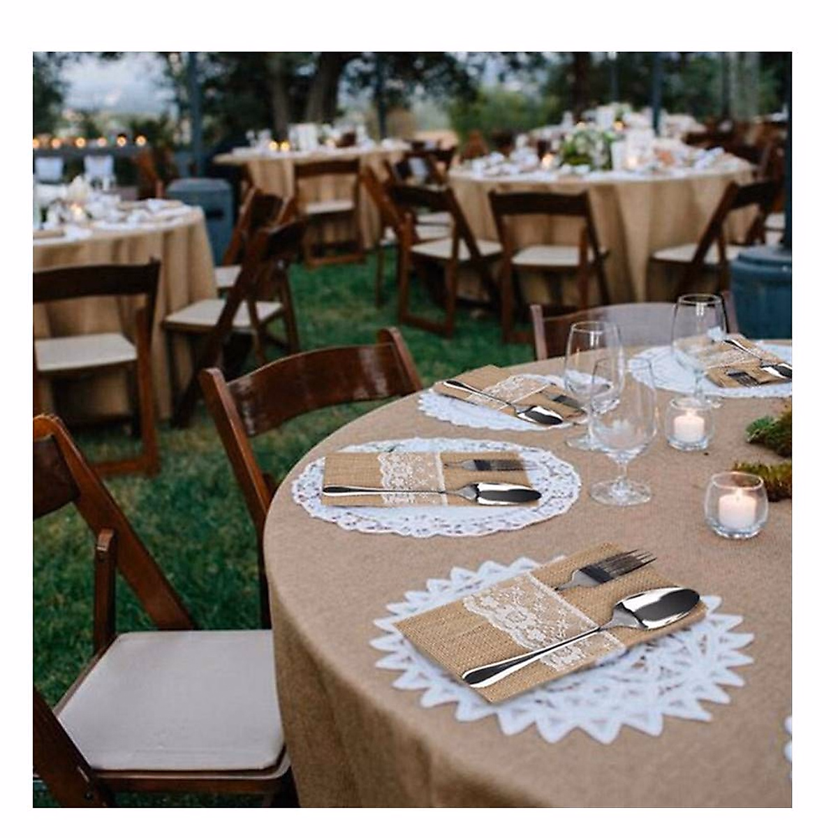 KAISIDA 10PCS Lace Utensil Pouch Knifes Forks Bag Burlap Cutlery Holders for Vintage Natural Wedding (4x8inch)