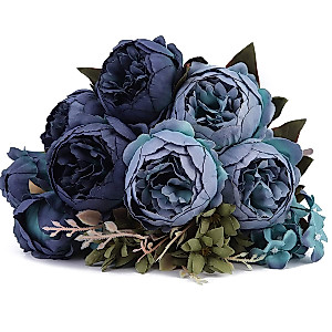Jim's Cabin Artificial Flowers Fake Silk Peony Flower Bouquet Floral Plants Decor for Home Garden Wedding Party Decor Decoration(Dark Blue)