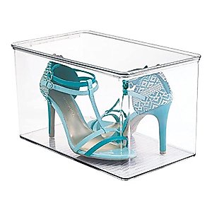 mDesign Stackable Plastic Closet Storage Container Bin Box with Hinge Lid for Organizing Shoes, Booties, Pumps, Sandals, Wedges, Flats, Heels - Lumiere Collection - Clear