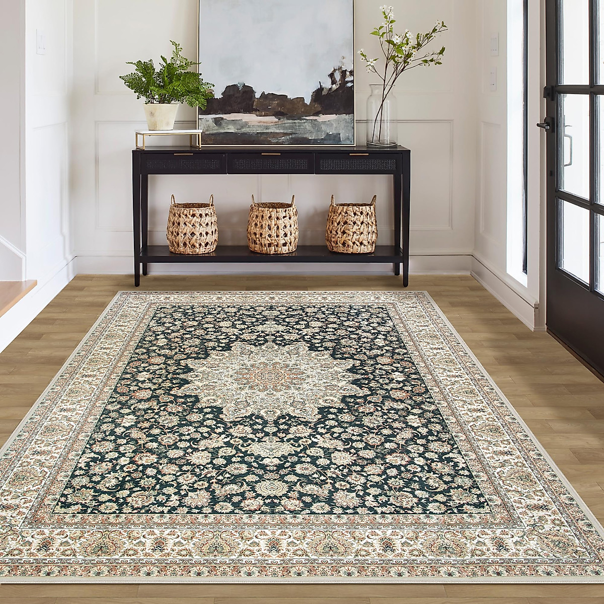 Washable Rug Living Room Rugs: 8x10 Area rugs Large Machine Washable Non Slip Carpet Soft Floral luxury Thin Carpets for Dining Room Farmhouse Bedroom Nursery Home Office Dark Blue Beige