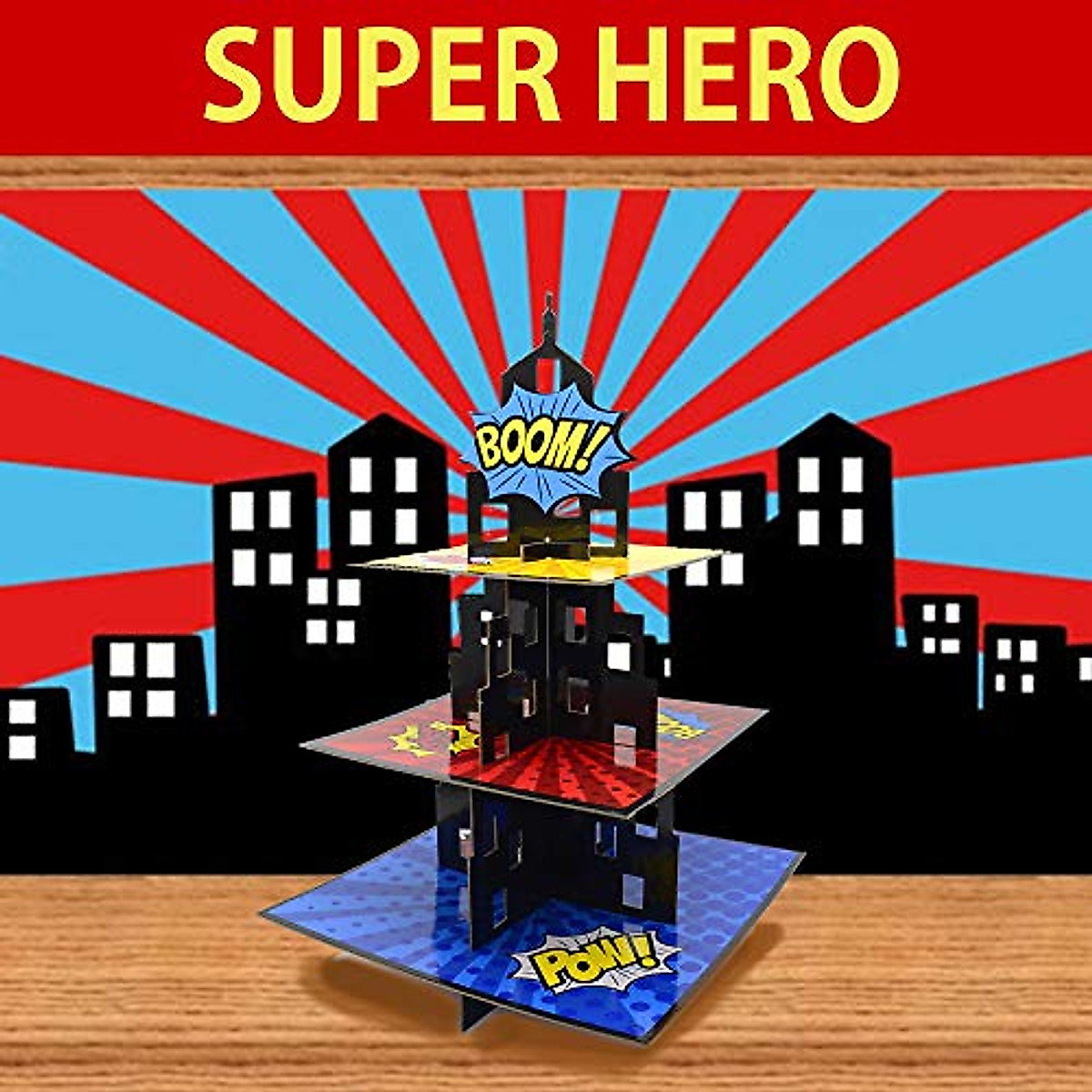 KALEFO Superhero Party Supplies Cake Stand 3 Tier Cupcake Stand Superhereo Party Favors Mini Cupcake Stand for Birthday Party Decorations