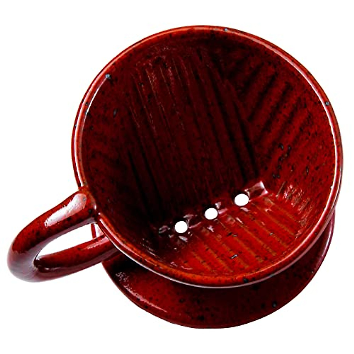 Asayu Japan Ceramic Coffee Pour Over Maker Set in Chrome Red, Slow Brewing Paper Filter Holder and Dripper with 3 Holes for Coffee and Tea (Complete 2PCS Set)