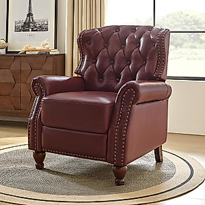 HULALA HOME Genuine Leather Recliner Chair with Solid Wood Feet, Modern Adjustable Tufted Push Back Arm Chair w/Rivet Decoration, Home Theater Seating Single Reclining Sofa for Living Room, BURGUNDY