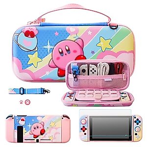 FUNDIARY Pink Carrying Case for Nintendo Switch with Kirby Design, Cute Shockproof Accessories for Switch Console Joycon with Travel Bag, TPU Skin Case, Screen Protector, Shoulder Strap & 2 Thumb Caps