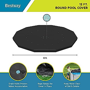 Bestway Flowclear PVC Round 12 Foot Pool Cover for Above Ground Frame Pools with Drain Holes and Secure Tie-Down Ropes, Black (Cover Only)