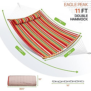 EAGLE PEAK 11 FT Double Hammock Quilted Fabric Hammock with Bamboo Wood Spreader Bars & Detachable Pillow, 2 Person Portable Hammock for Outdoor Patio Yard, 440 Pound Capacity, Red Stripe