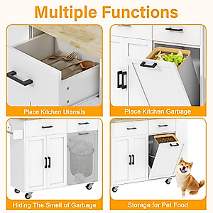 Osfvolr Rolling Kitchen Island with Trash Storage Cabinet, 2 Drawers, Kitchen Island with Drop Leaf, Kitchen Storage Islands Carts W/ 3 Spice Rack, Tilt Out Trash Cabinet, Island Table for Kitchen