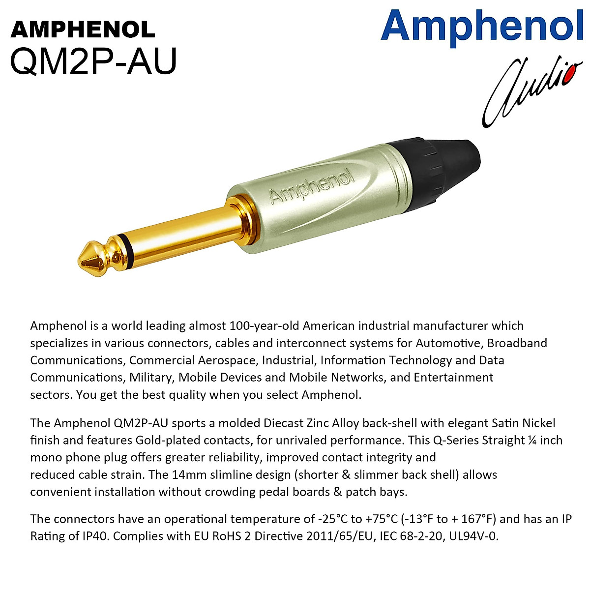 50 Foot - Gotham GAC-1 Ultra Pro (Black) - Premium, Low-Capacitance (21 pf/F) Guitar Bass Instrument Cable - Amphenol QM2R-AU & QM2P-AU ¼ Inch (6.35mm) Gold TS Connectors