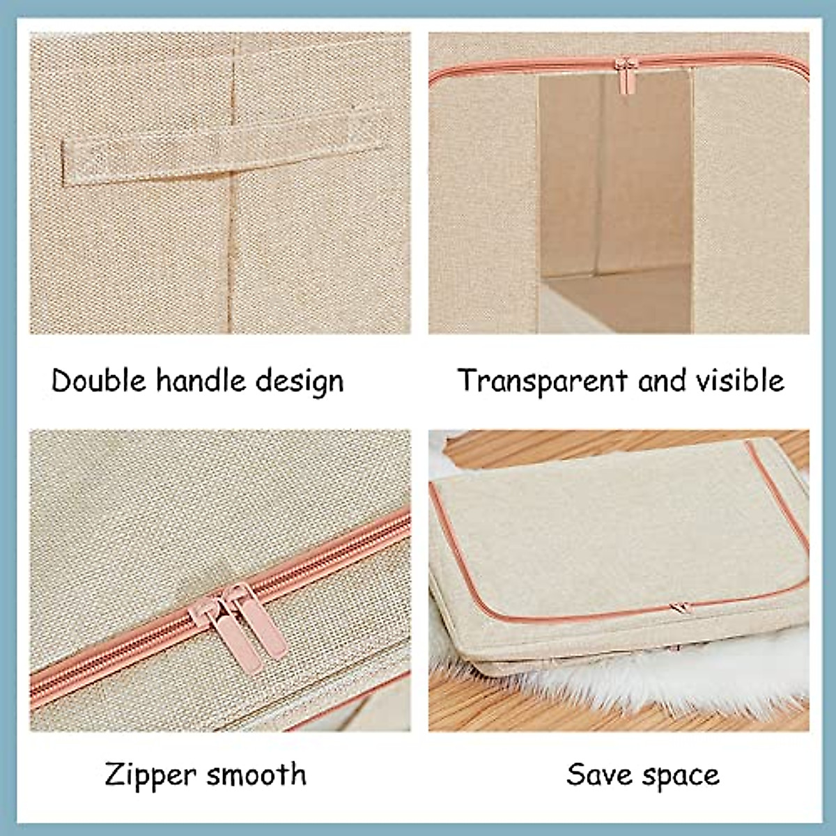 selfrieden Clothes Storage Bins, 66L [4 Pack ] Foldable Oxford Cloth Steel Frame Organizers Bag with Large Clear Window & Reinforced Handles Carry Handles for Clothing, Comforter, Blanket Storage Bedding (66L, Beige)