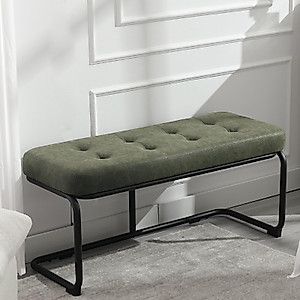 ZH4YOU 39 Inch Modern Dining Bench Indoor, Upholstered Leather Entryway Bench with Metal Legs, Button Tufted Ottoman Bench with Shoe Storage, Small Bench for Kitchen & Living Room Furnitures, Pu Green